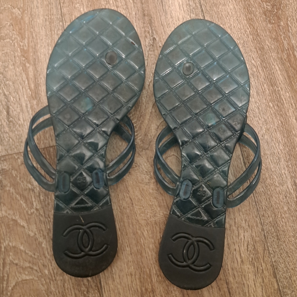Chanel Interlocking Cc Rubber Thong Slides Blue Sanda… - Gem